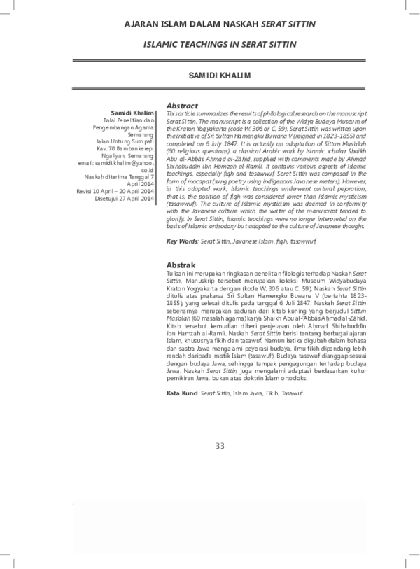 (PDF) Ajaran Islam Dalam Naskah Serat Sittin