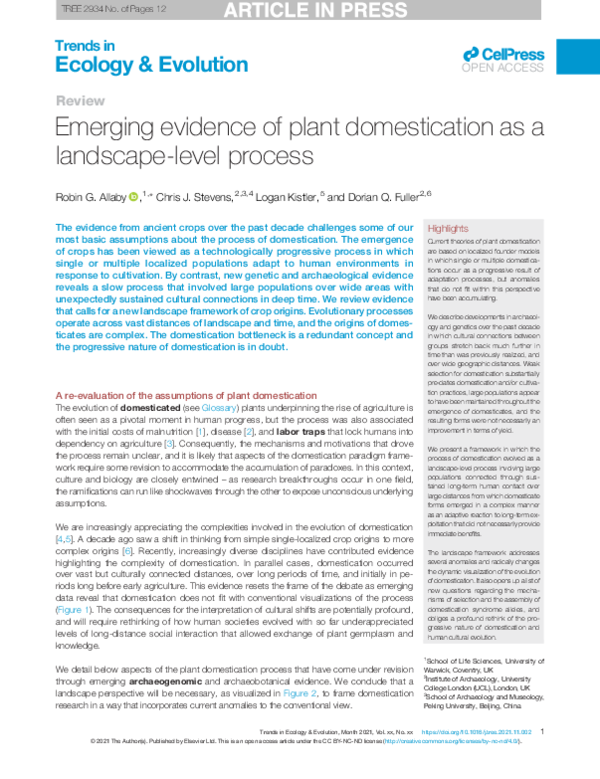 (PDF) Emerging evidence of plant domestication as a landscape-level process