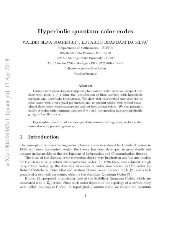 (PDF) Hyperbolic quantum color codes