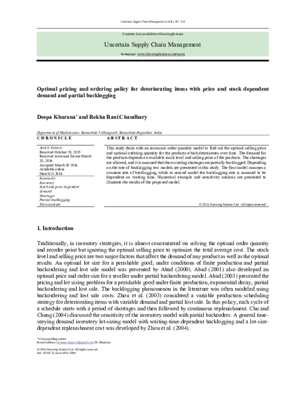 Pdf Optimal Pricing And Ordering Policy For Deteriorating Items With Price And Stock Dependent