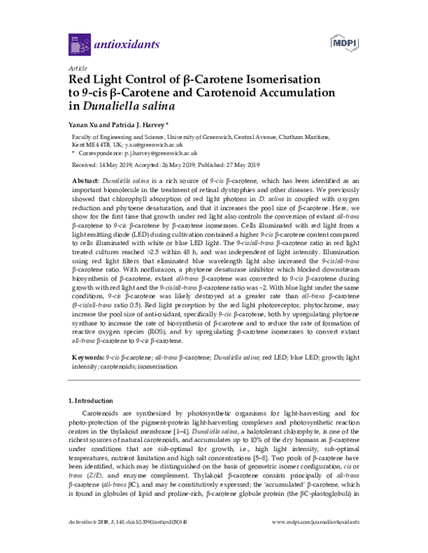(PDF) Red Light Control of β-Carotene Isomerisation to 9-cis β-Carotene and Carotenoid ...