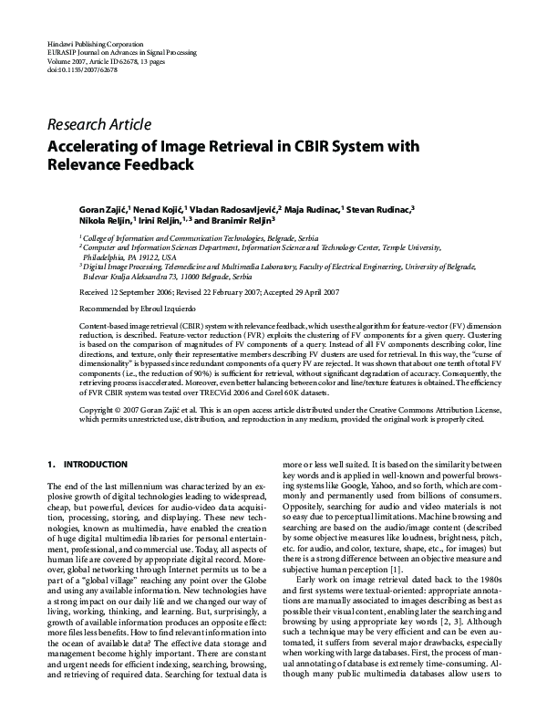 (PDF) Accelerating of Image Retrieval in CBIR System with Relevance Feedback | Goran Zajić ...
