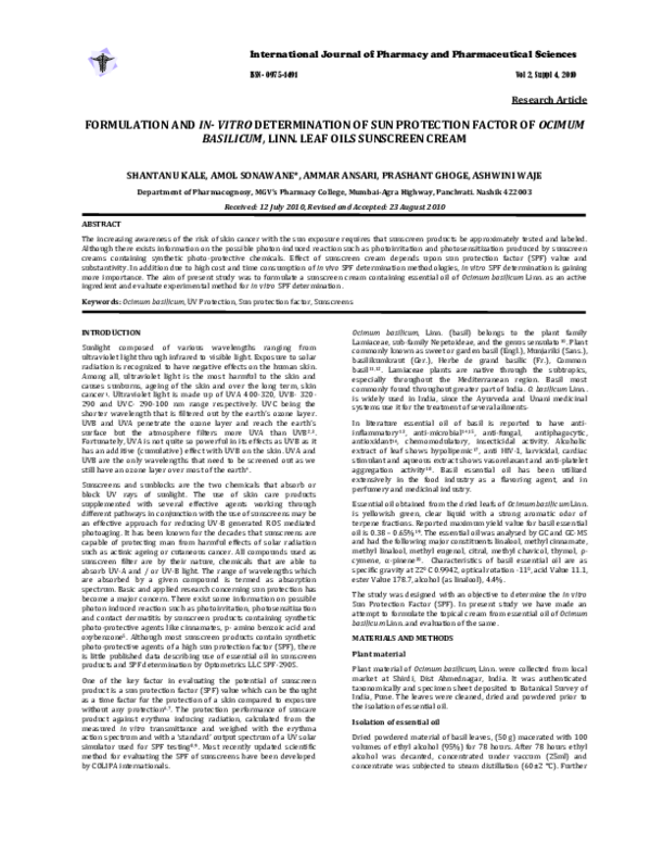 (PDF) Formulation and in Vitro Determination of Sun Protective ...