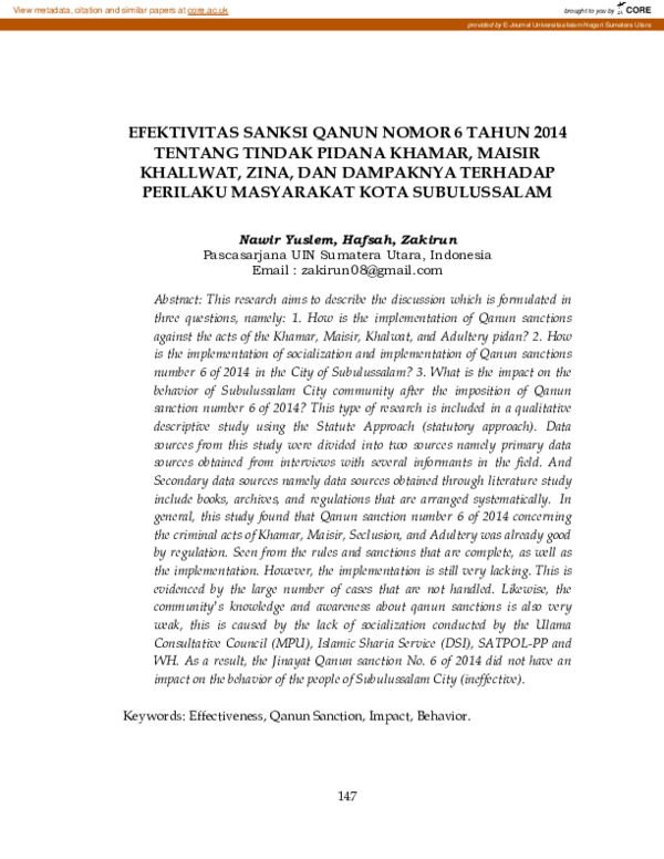 (PDF) Efektivitas Sanksi Qanun Nomor 6 Tahun 2014 Tentang Tindak Pidana Khamar, Maisir Khallwat ...