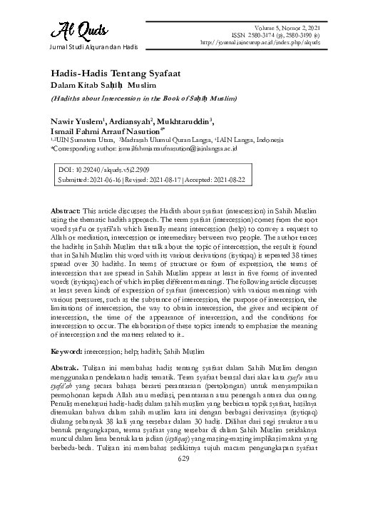(PDF) Hadis-Hadis Tentang Syafaat Dalam Kitab Saḥīḥ Muslim