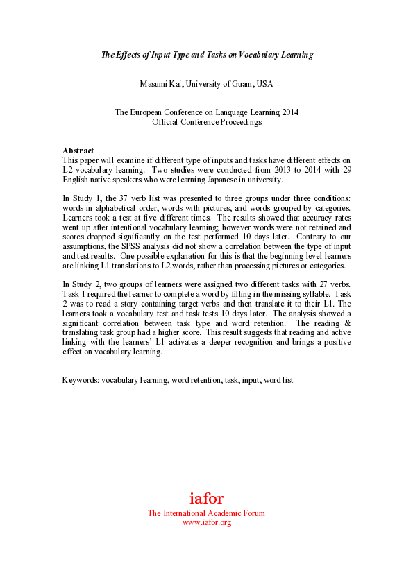 (PDF) The Effects of Input Type and Tasks on Vocabulary Learning