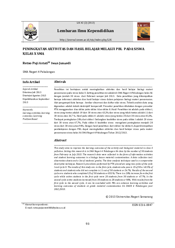 (PDF) Lembaran Ilmu Kependidikan PENINGKATAN AKTIVITAS DAN HASIL BELAJAR MELALUI PBL PADA SISWA ...