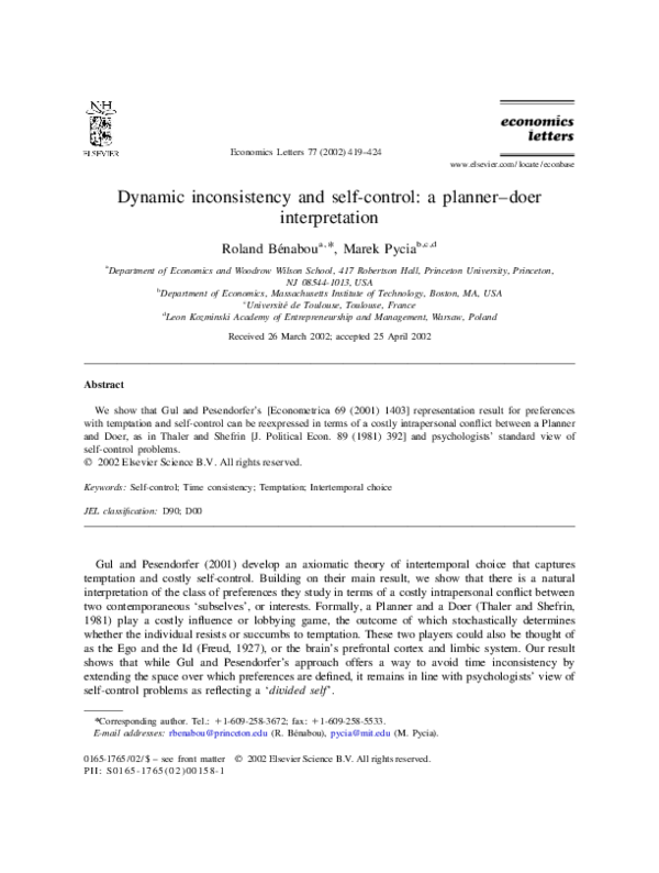 (PDF) Dynamic inconsistency and self-control: a planner–doer interpretation