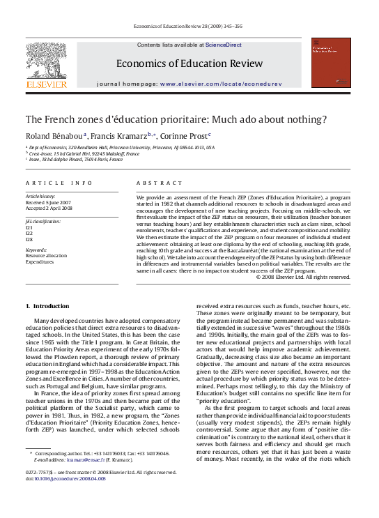 (PDF) The French zones d’éducation prioritaire: Much ado about nothing?