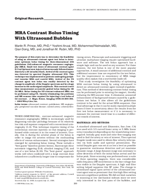 (PDF) MRA contrast bolus timing with ultrasound bubbles