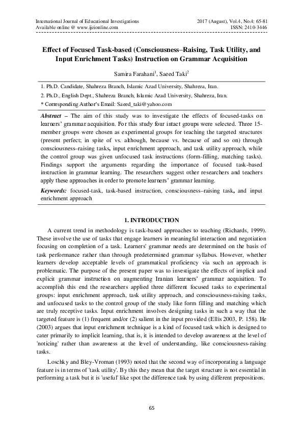(PDF) Effect of Focused Task-based ( Consciousness – Raising , Task Utility , and Input ...