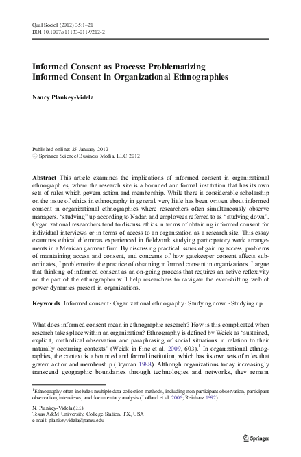 (PDF) Informed Consent as Process: Problematizing Informed Consent in Organizational Ethnographies