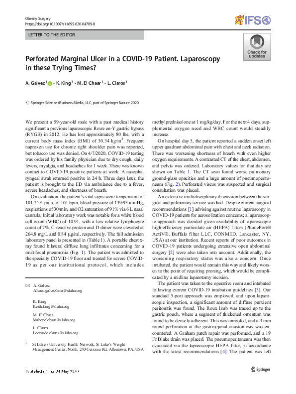 (PDF) Perforated Marginal Ulcer in a COVID-19 Patient. Laparoscopy in ...