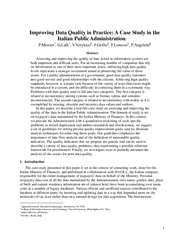 (PDF) Improving Data Quality in Practice: A Case Study in the Italian ...