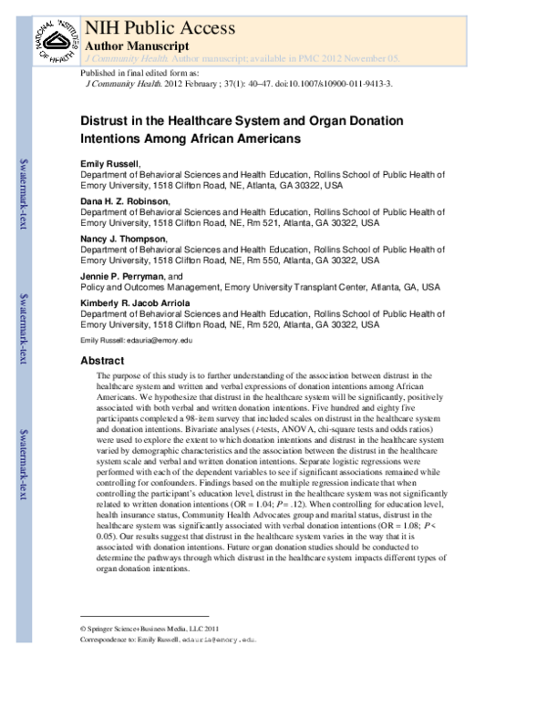Distrust in the Healthcare System and Organ Donation Intentions Among ...