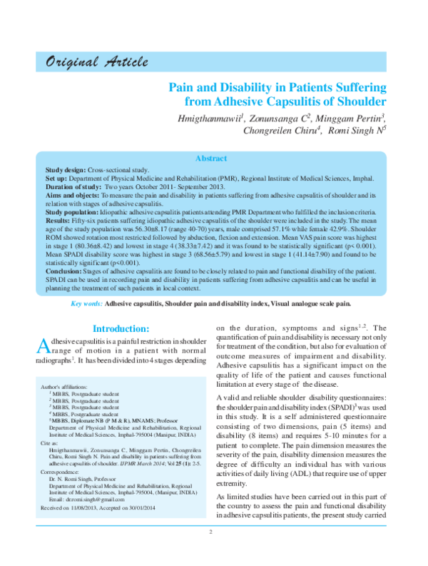 (PDF) Pain and Disability in Patients Suffering from Adhesive ...