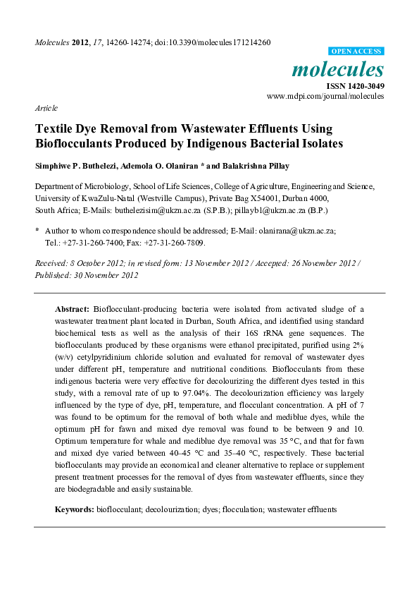 (PDF) Textile Dye Removal from Wastewater Effluents Using Bioflocculants Produced by Indigenous ...