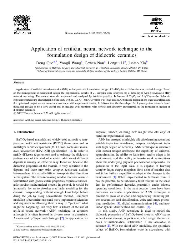 Pdf Application Of Artificial Neural Network Technique To The Formulation Design Of Dielectric