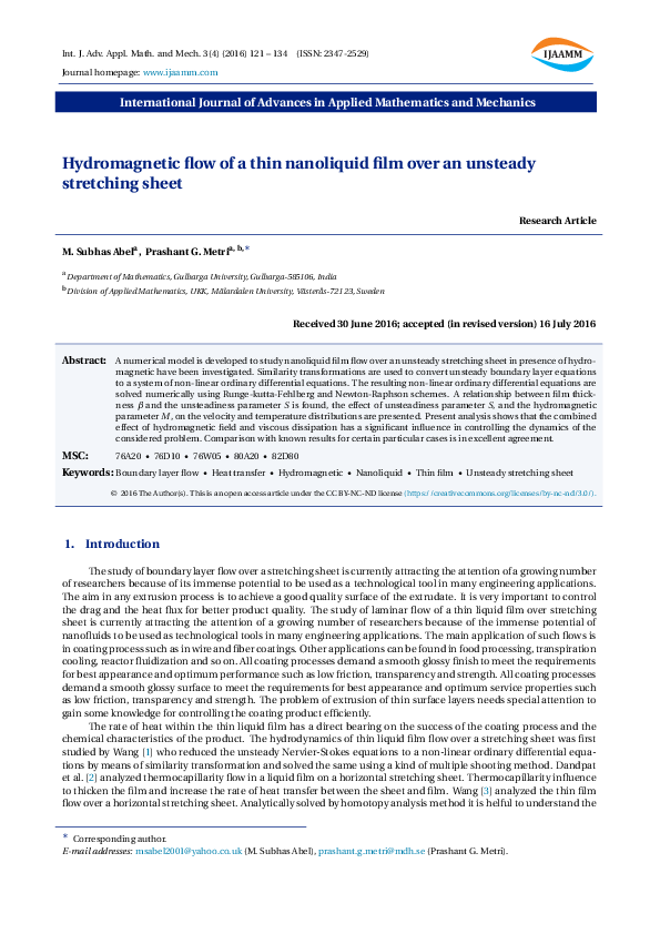 (PDF) Hydromagnetic flow of a thin nanoliquid film over an unsteady ...