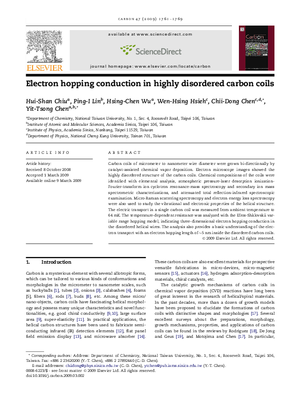 (PDF) Electron hopping conduction in highly disordered carbon coils