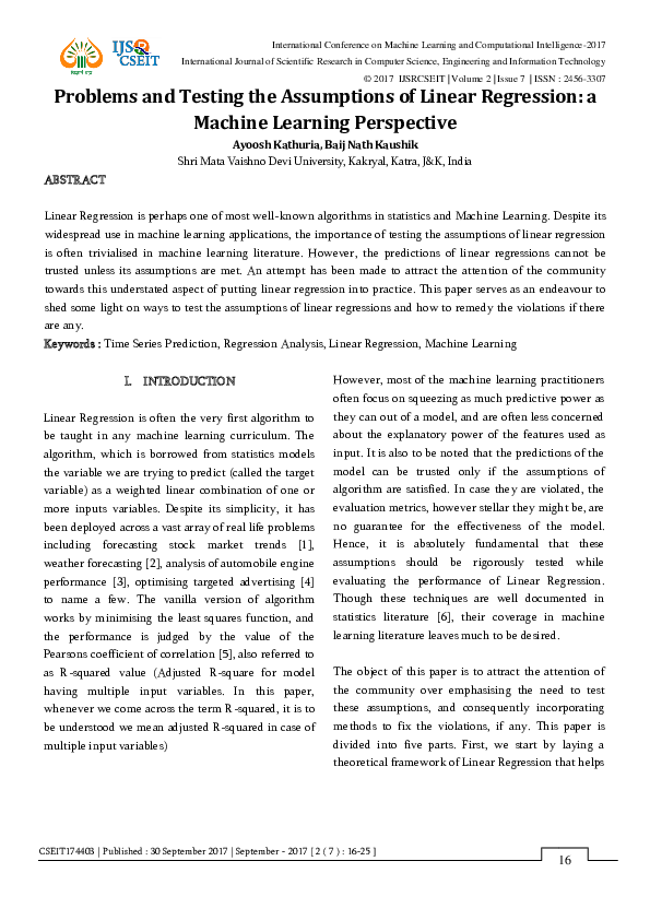 Pdf Problems And Testing The Assumptions Of Linear Regression A Machine Learning Perspective