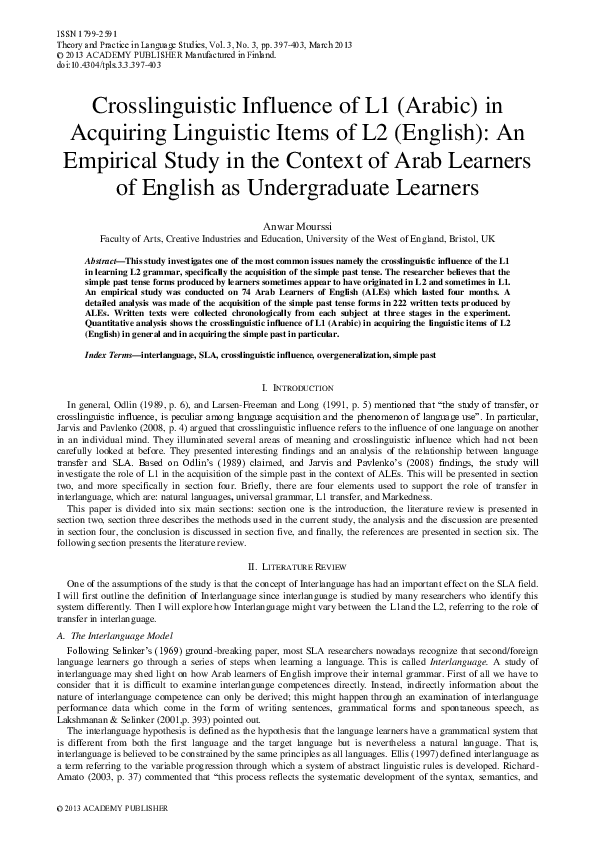 Pdf Crosslinguistic Influence Of L1 Arabic In Acquiring Linguistic