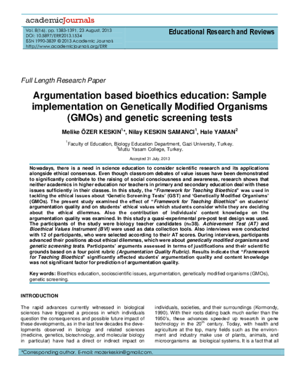 (PDF) Argumentation based bioethics education: Sample implementation on ...