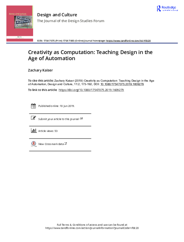 (PDF) Creativity as Computation: Teaching Design in the Age of Automation