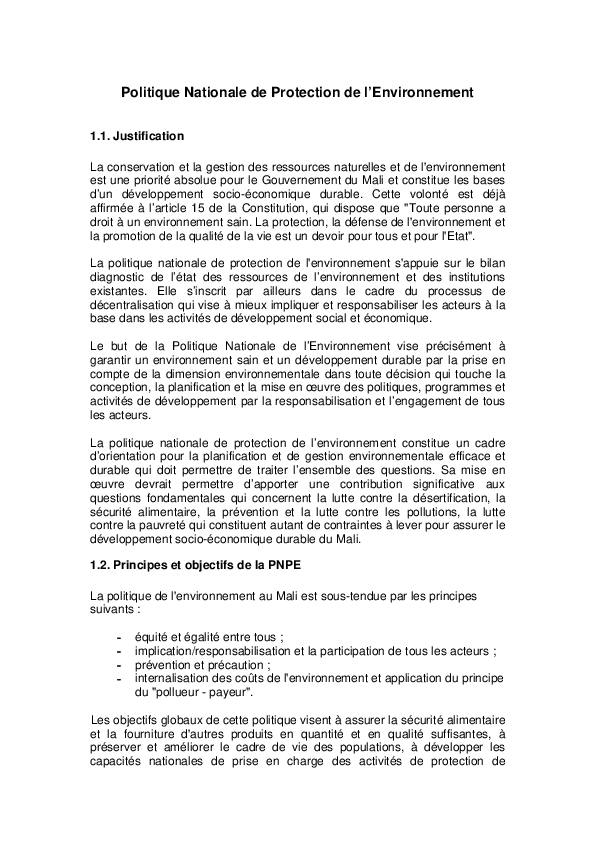 (PDF) Politique Nationale de Protection de l'Environnement