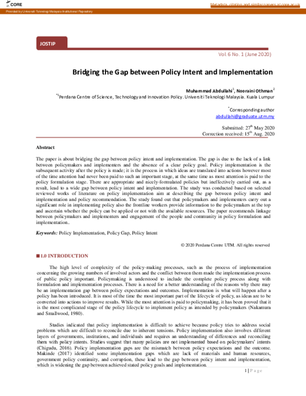 (PDF) Bridging The Gap Between Policy Intent And Implementation