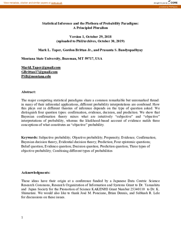 (PDF) Statistical Inference and the Plethora of Probability Paradigms: A Principled Pluralism