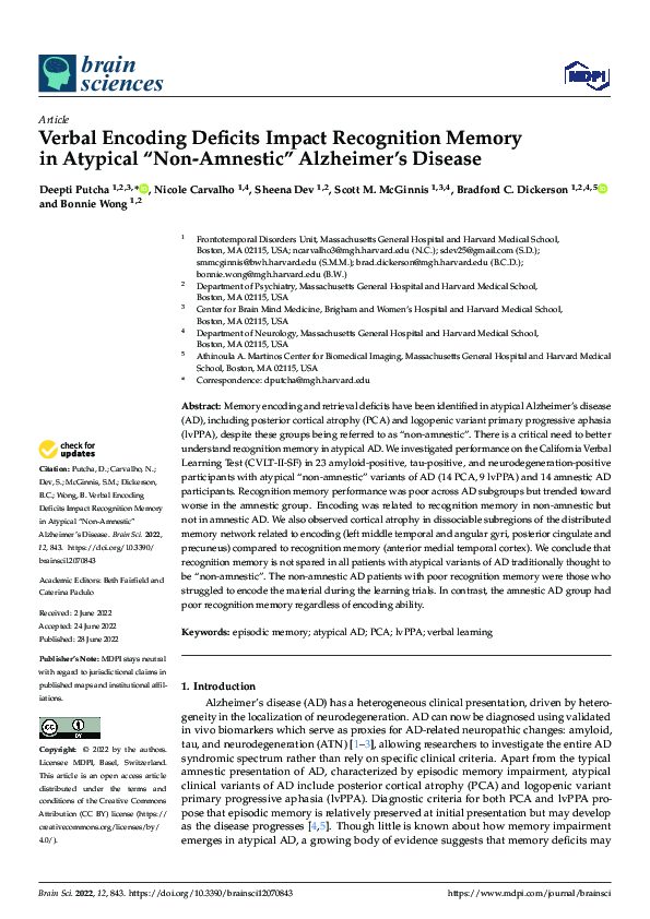 (PDF) Verbal Encoding Deficits Impact Recognition Memory in Atypical ...
