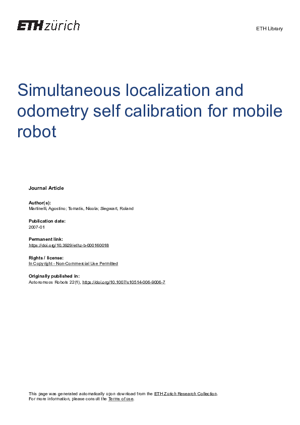 Pdf Simultaneous Localization And Odometry Self Calibration For Mobile Robot Roland Siegwart