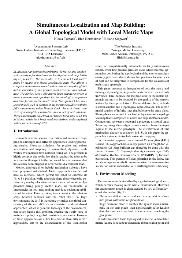 (PDF) Simultaneous localization and map building: a global topological model with local metric maps