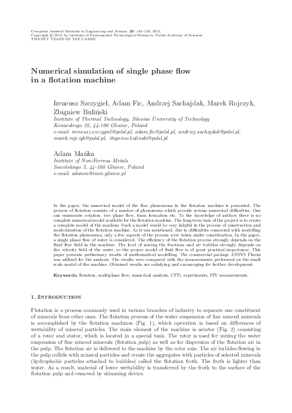 (PDF) Numerical simulation of single phase flow in a flotation machine