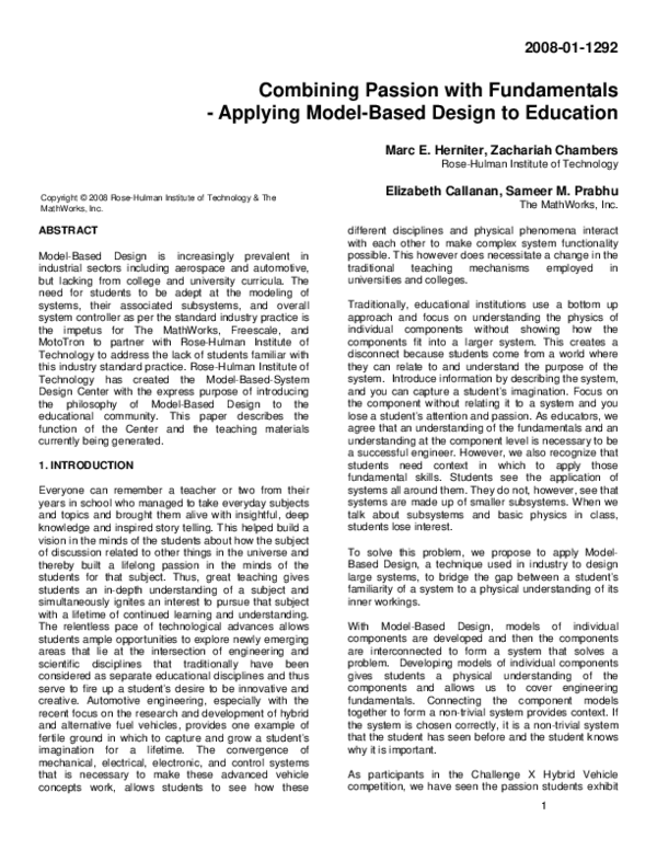 (PDF) Combining Passion with Fundamentals - Applying Model-Based Design to Education