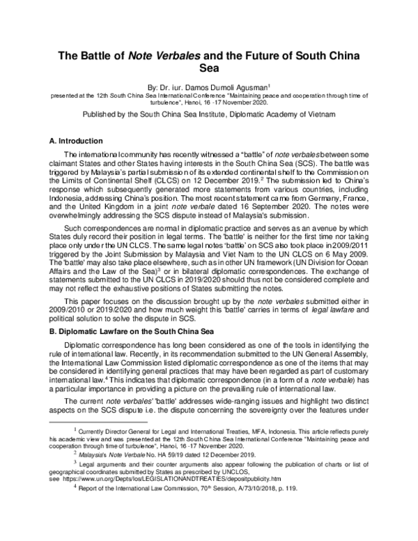 (PDF) The Battle of Note Verbales and the Future of South China Sea
