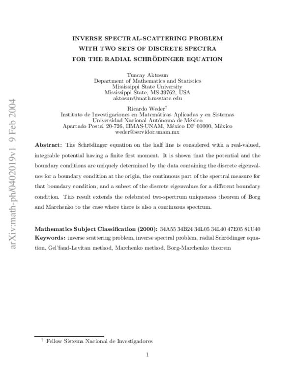 (PDF) Inverse spectral-scattering problem with two sets of discrete spectra for the radial ...