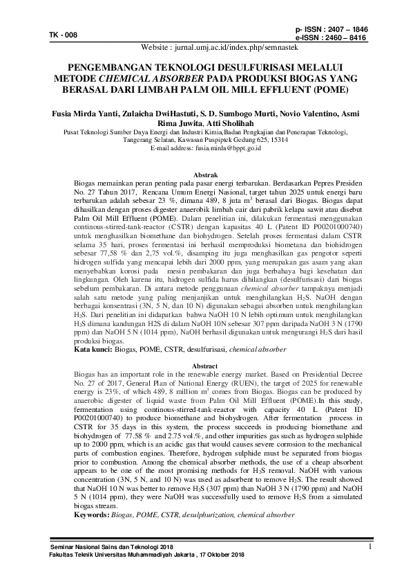 (PDF) Pengembangan Teknologi Desulfurisasi Melalui Metode Chemical Absorber Pada Produksi Biogas ...
