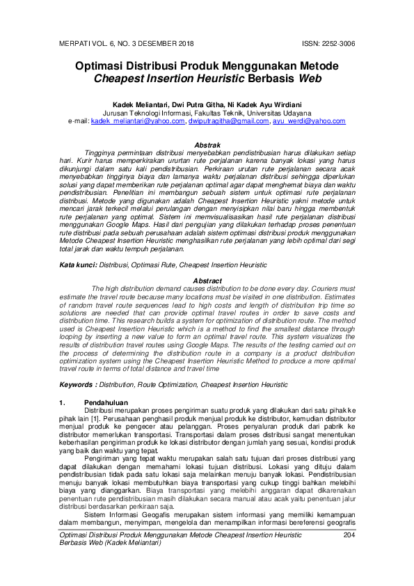 (PDF) Optimasi Distribusi Produk Menggunakan Metode Cheapest Insertion Heuristic Berbasis Web