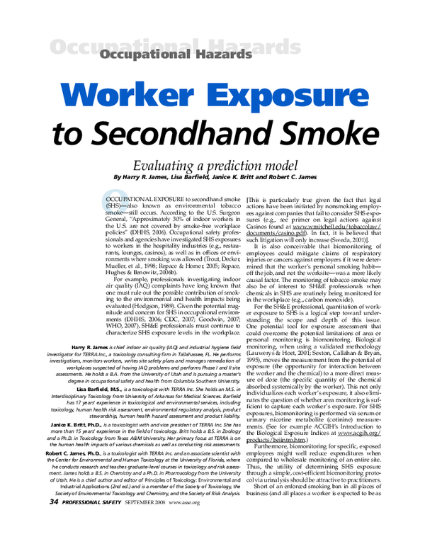 (PDF) Worker Exposure to Secondhand Smoke Evaluating a Prediction Model