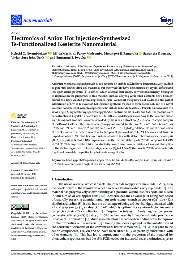 (PDF) Electronics of Anion Hot Injection-Synthesized Te-Functionalized ...