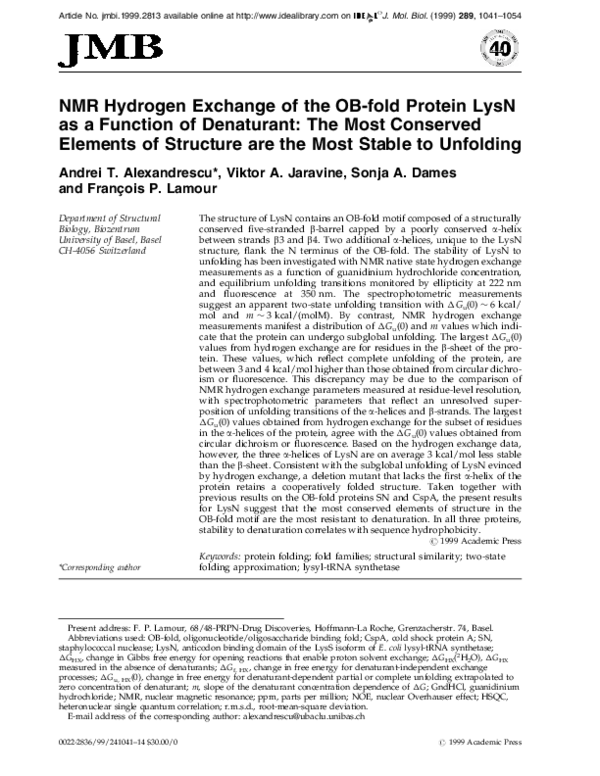 (PDF) NMR Hydrogen Exchange of the OB-fold Protein LysN as a Function ...