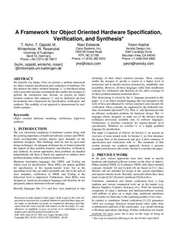 Pdf A Framework For Object Oriented Hardware Specification Verification And Synthesis 