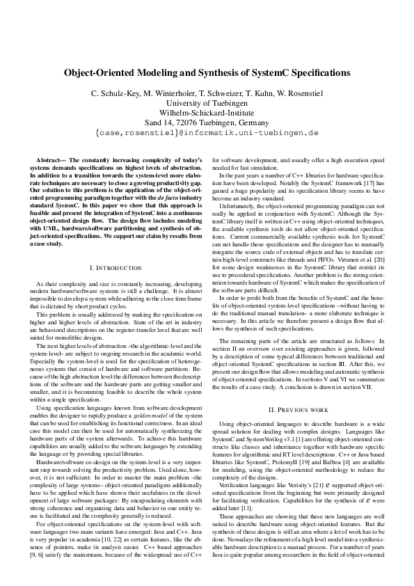 Pdf Object Oriented Modeling And Synthesis Of Systemc Specifications
