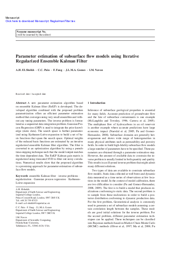 (PDF) Parameter estimation of subsurface flow models using iterative regularized ensemble Kalman ...