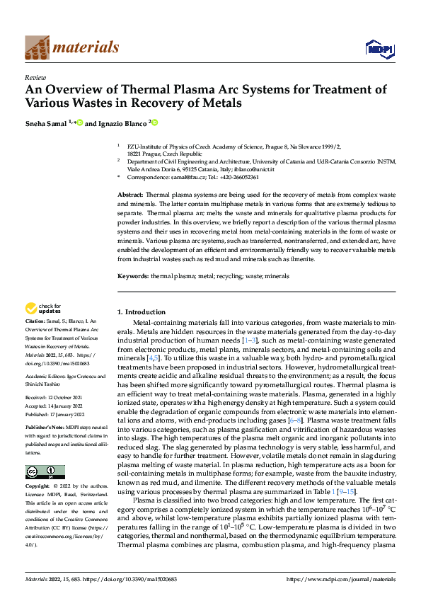 (PDF) An Overview of Thermal Plasma Arc Systems for Treatment of ...