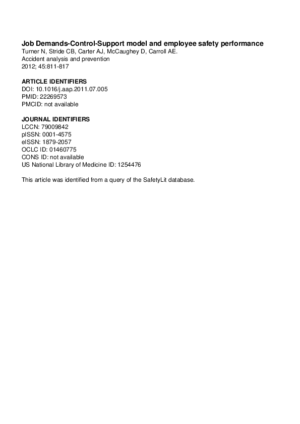 (PDF) Job Demands–Control–Support model and employee safety performance