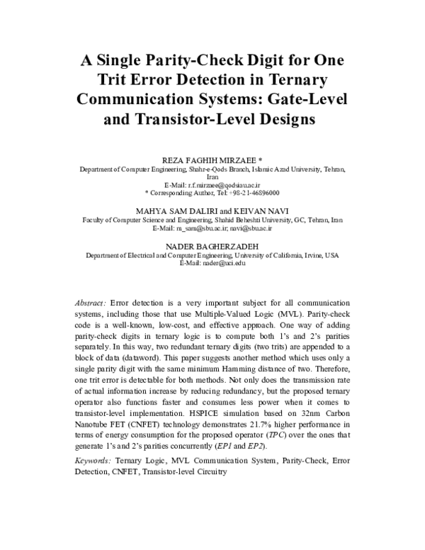 (PDF) A Single Parity-Check Digit for One Trit Error Detection in ...