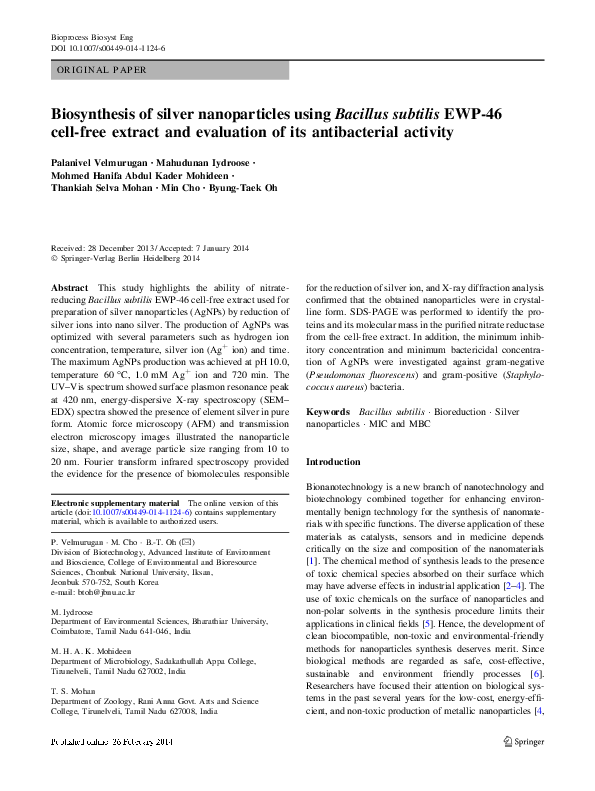 Pdf Biosynthesis Of Silver Nanoparticles Using Bacillus Subtilis Ewp